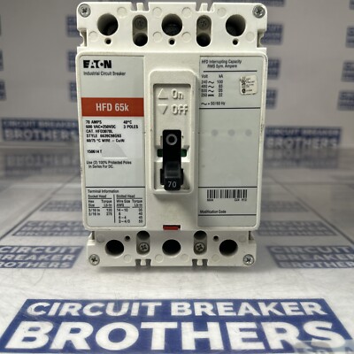 EATON HFD3070 70 Amp 600V 3 Pole HFD 65k Circuit Breaker-Warranty Ship ...