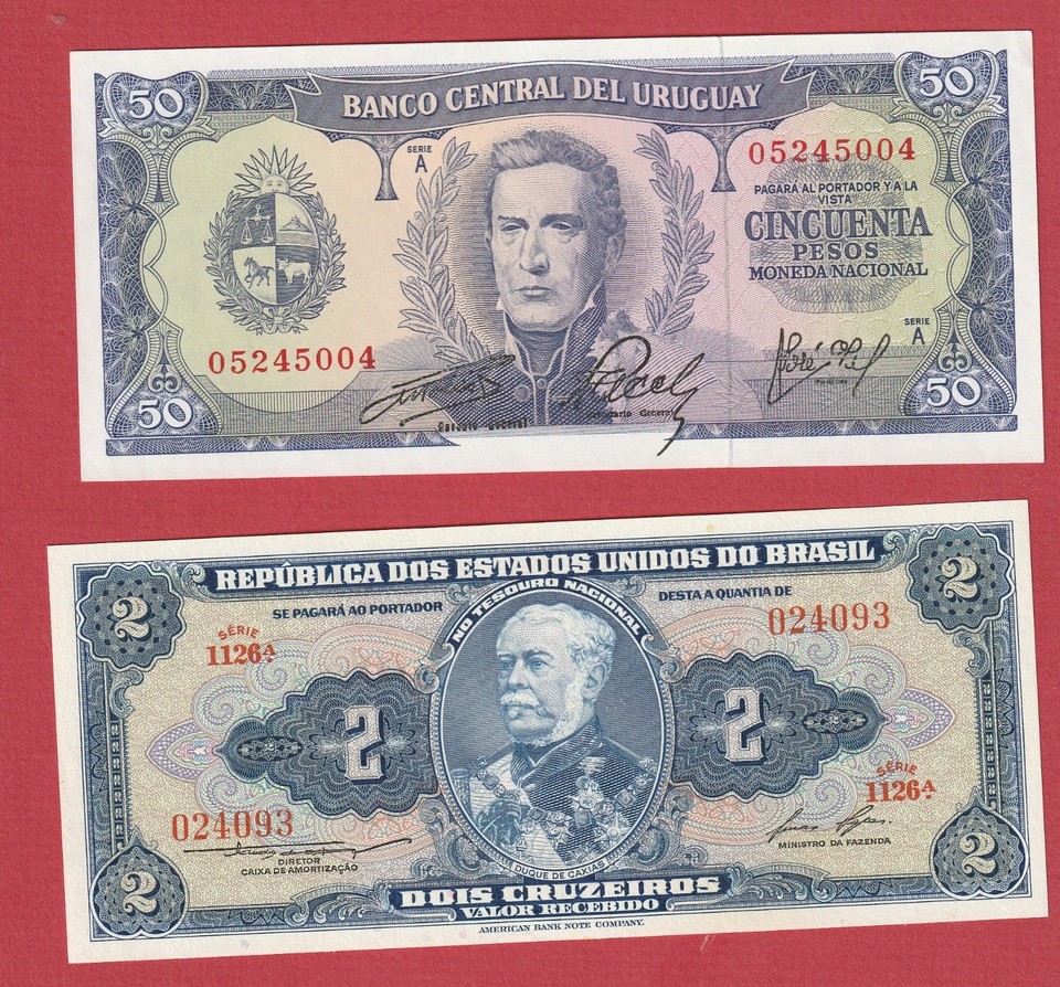 BANKNOTES. BULGARIA (7),URUGUY (1) BRAZIL (1) 1950's. MINT CONDITION ...