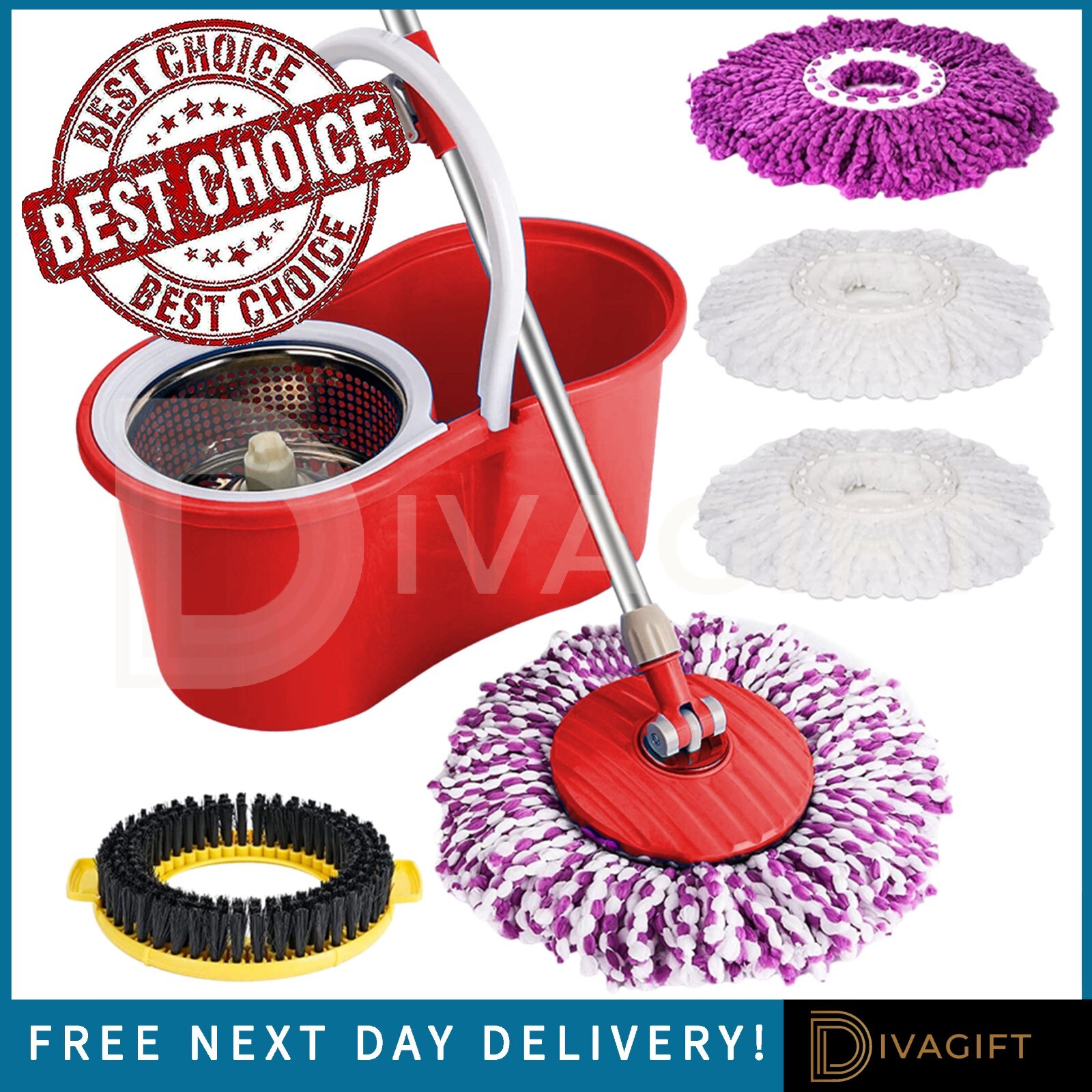RED MOP BUCKET SET 360 FLOOR MAGIC SPIN MICROFIBER WITH 4 MOP HEADS ...