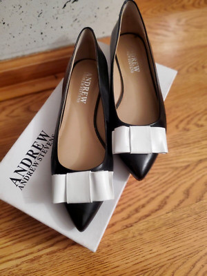 Elegant Andrew Stevens Black with White Bow Leather Shoes Size 6 (Italy ...