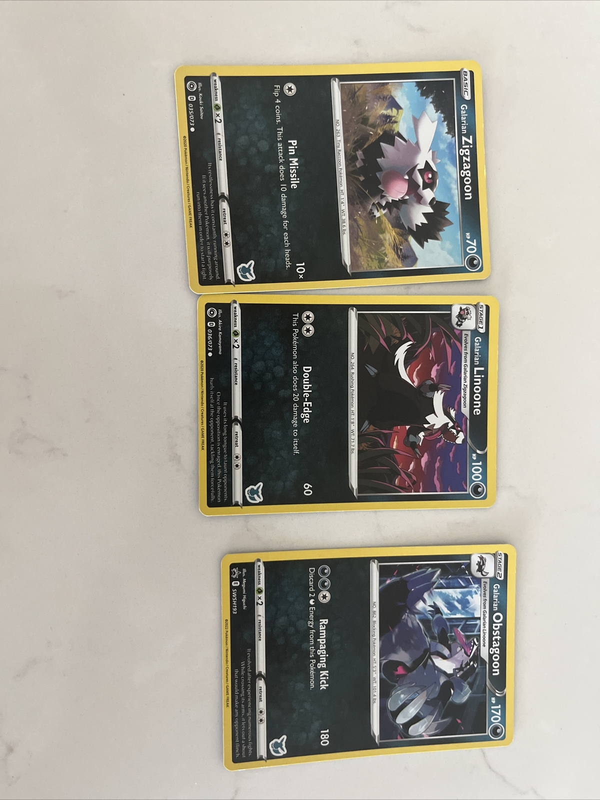 Galarian Obstagoon, Zigzagoon, & Linoone cards 35,36/073 SWSH193 ...