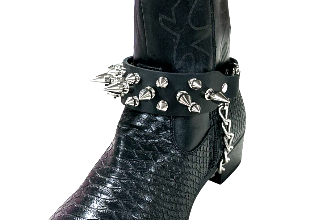 Pair of Spike Boot Strap 3 Row Genuine Leather Straps Punk Goth Western ...