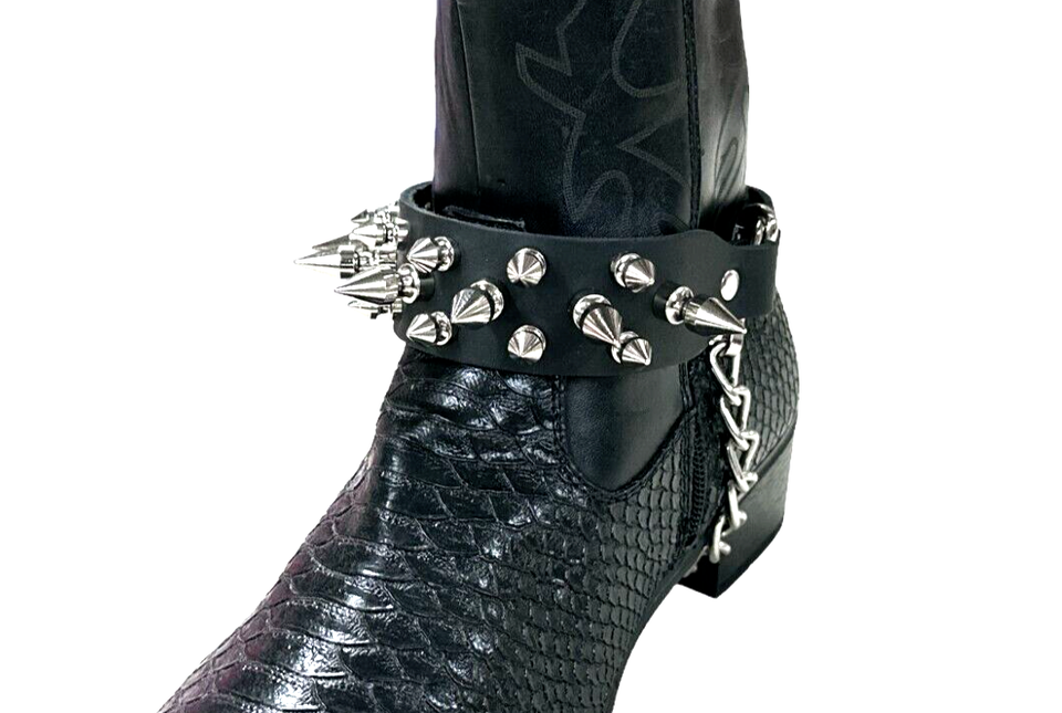 Pair of Spike Boot Strap 3 Row Genuine Leather Straps Punk Goth Western ...