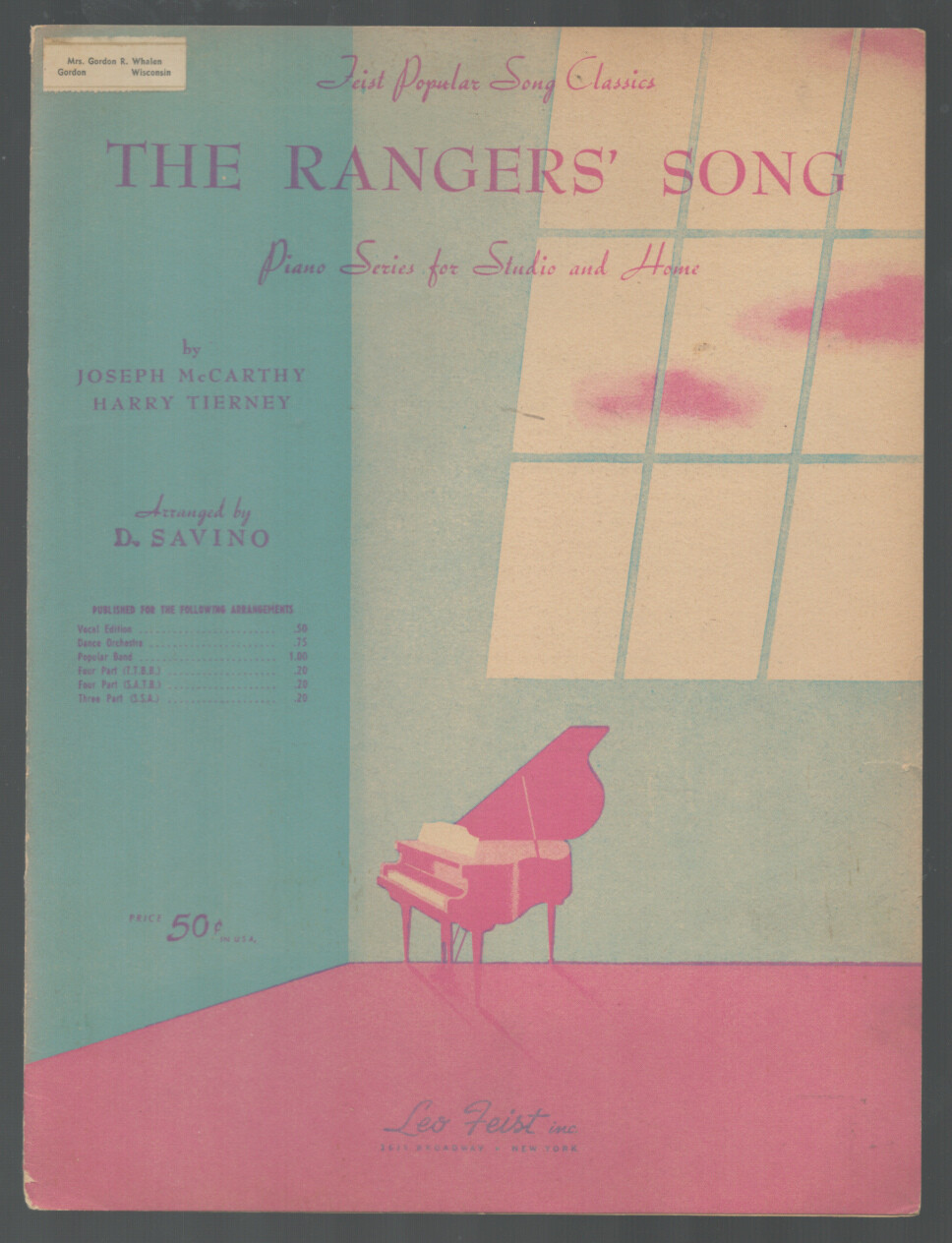 RANGER SONG McCarthy/Tierney 1926 Savino PIANO SOLO Vintage Sheet Music ...