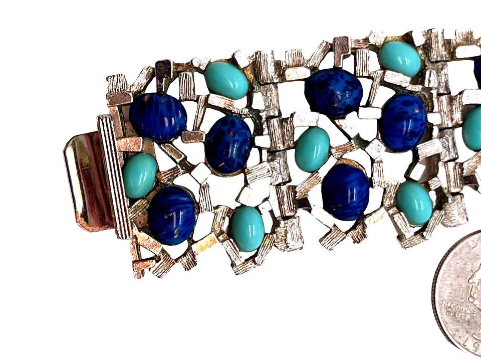 Stunning Boucher Wide Bracelet, Turquoise Blue & Cobalt Glass Cabochons ...