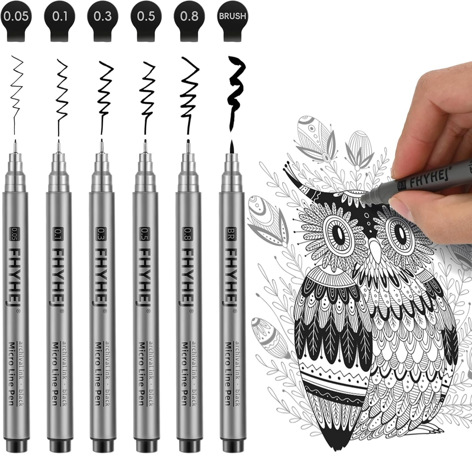 Micro Fineliner Drawing Art Pens: 6 Black Fine Line Ink Set Artist ...
