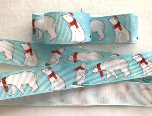 White Polar Bear snowflakes on light blue Grosgrain ribbon BTY 7/8” Ski ...