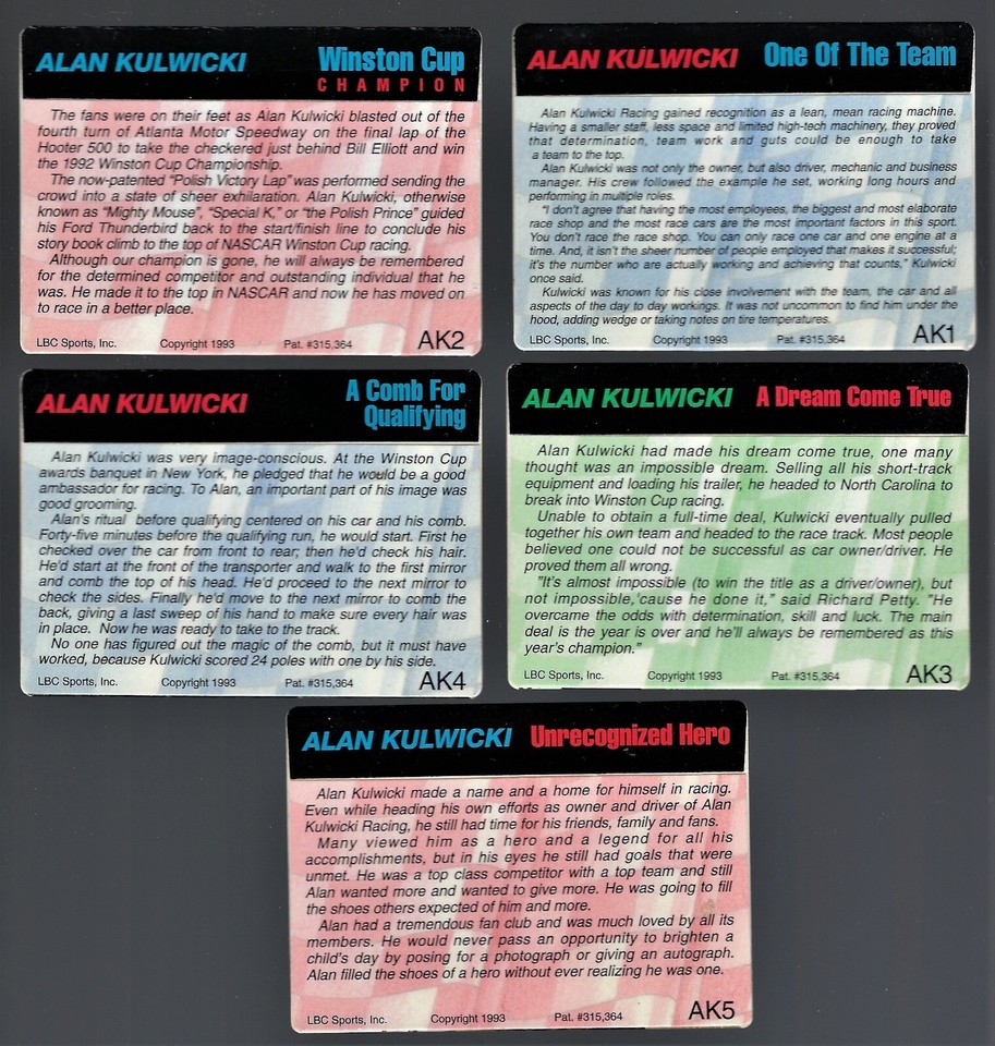 1993 Action Packed Alan Kulwicki Chase Card Set AK1 - AK5 - Nascar ...