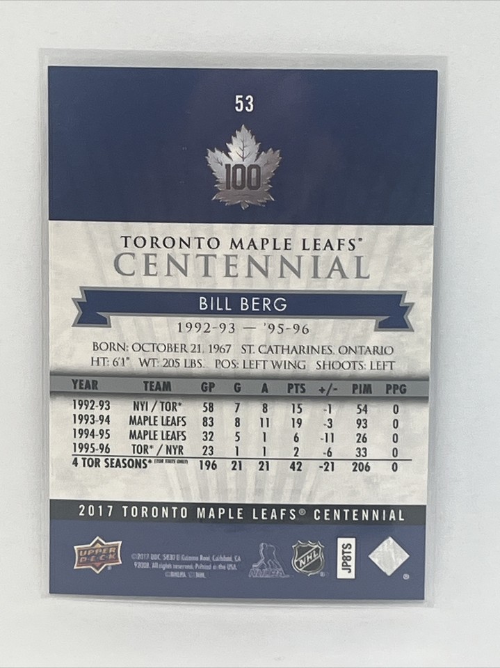 Bill Berg - 2017 Toronto Maple Leafs Centennial Series - #53 | eBay