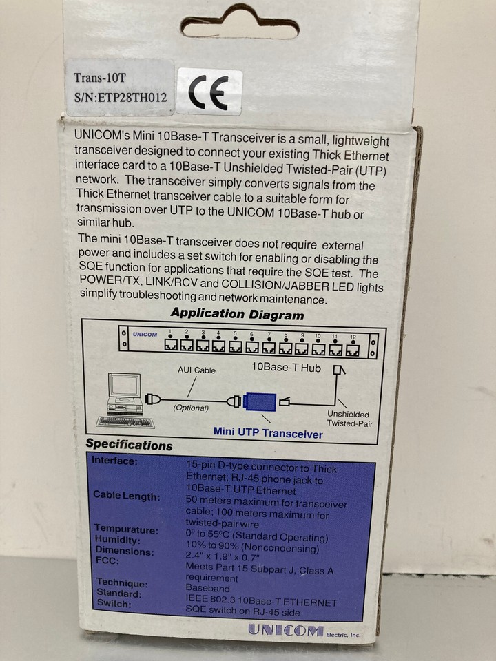10BASE-T TWISTED PAIR Transceiver IEEE 802.3 ETP-20028T UNICOM Brand ...