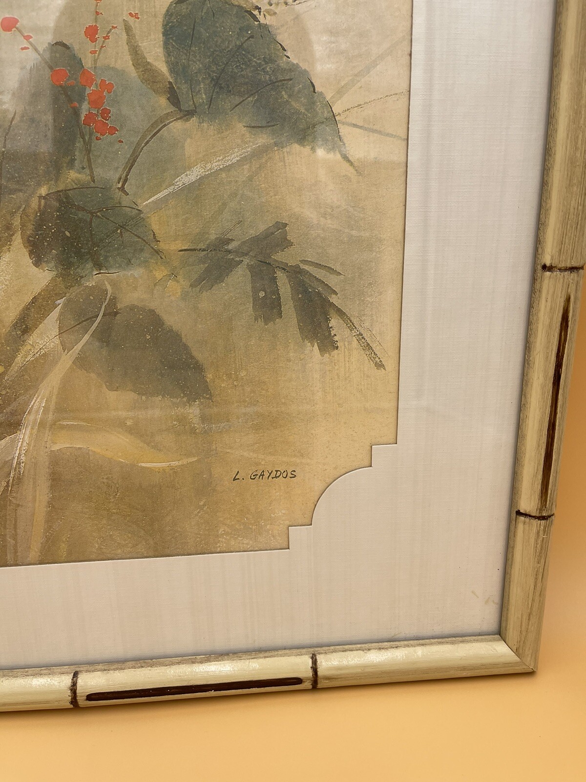 Vintage Framed Iris And Butterfly Print By L. Gaydos 1978 Bamboo Frame ...