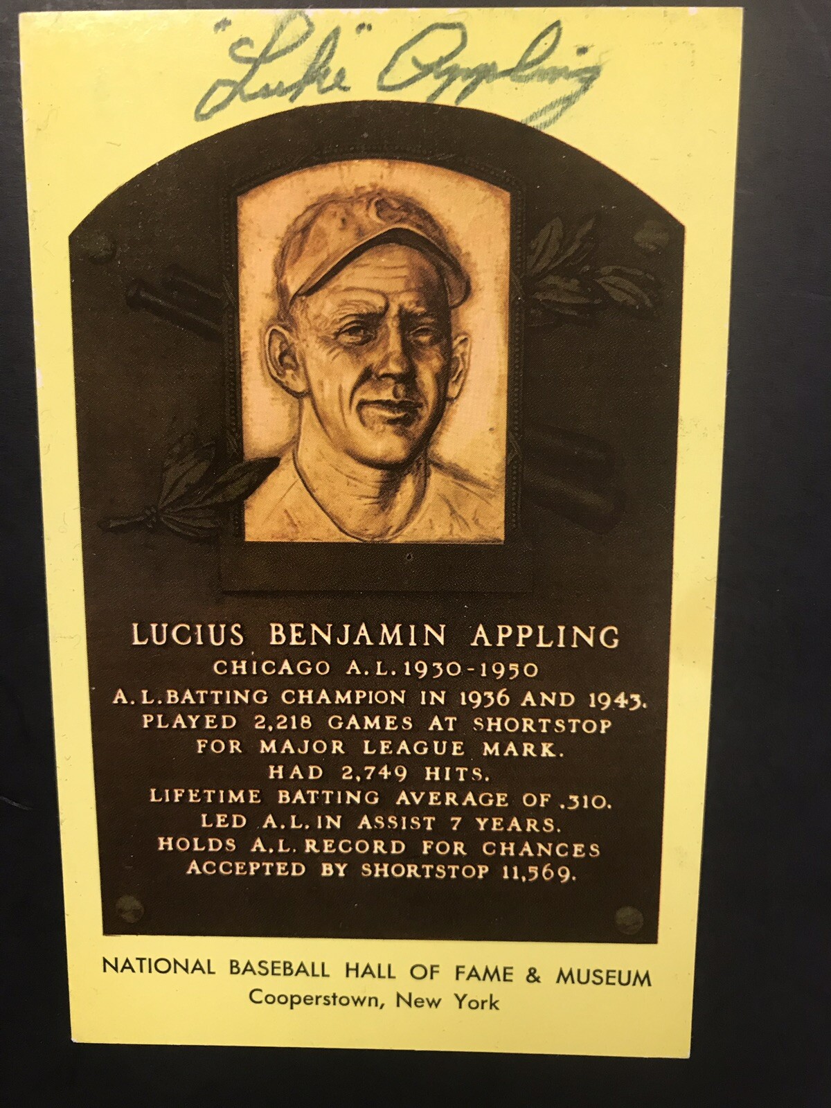 Luke Appling Signed Gold HOF Plaque Postcard Yellow JSA Autograph | eBay