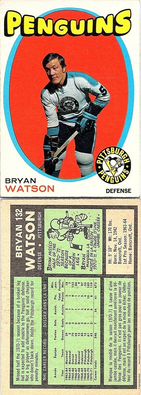 VINTAGE HOCKEY CARD OPC 1971 PITTSBURGH PENGUINS BRYAN WATSON NO40 | eBay