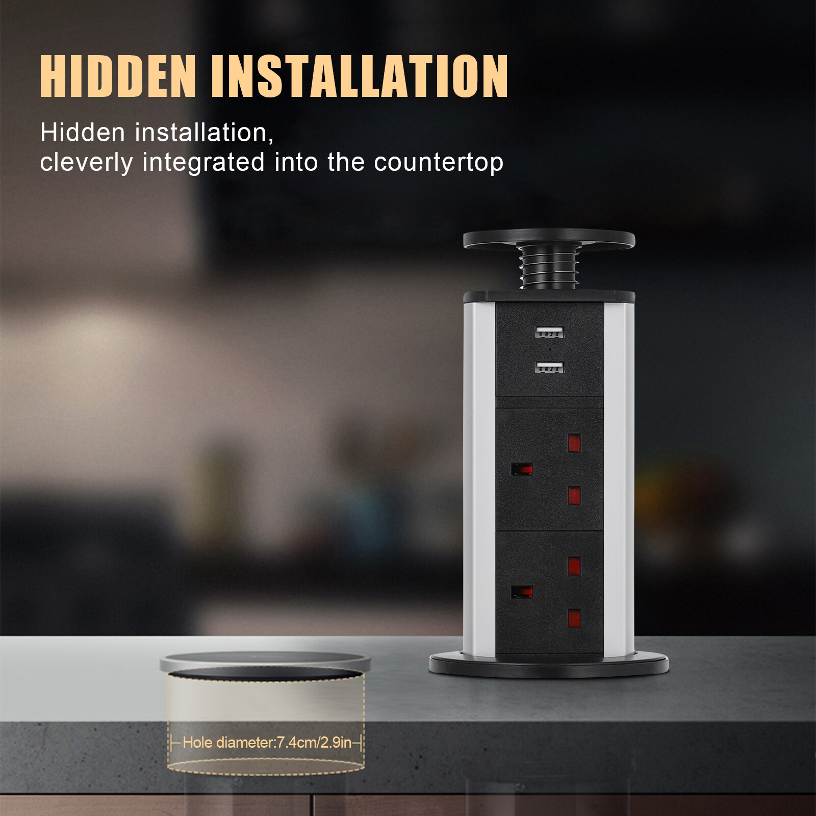 Kitchen Desk Worktop 3 Socket 2 USB Electrical Pull Pop Up Power Outlet ...