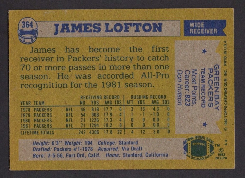 1982 Topps Football Card #364 James Lofton HOF Green Bay Packers EX-MT ...