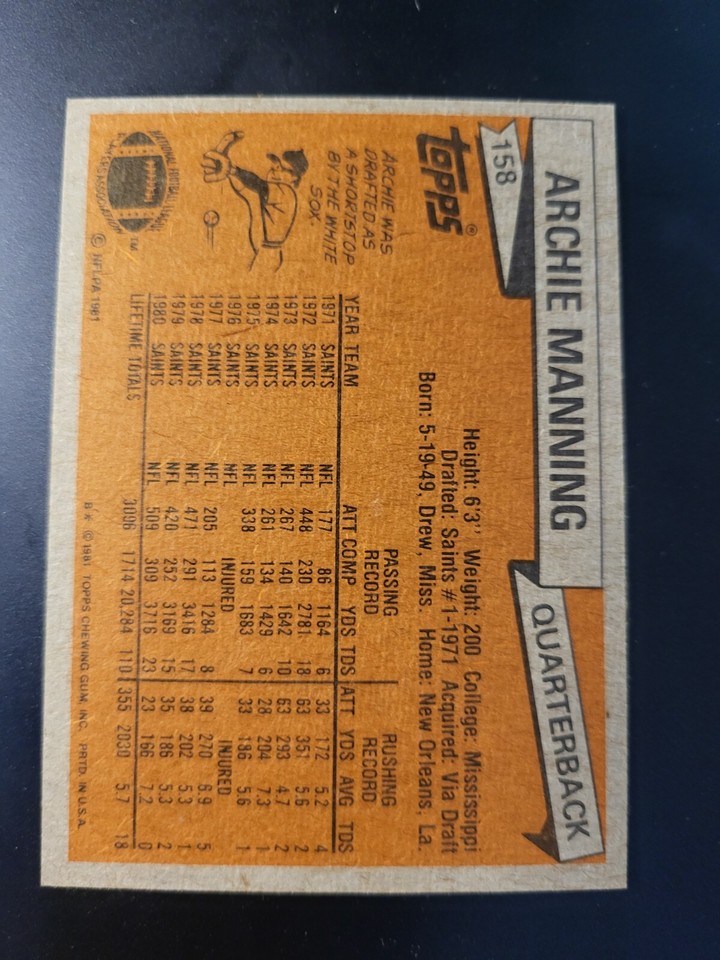 1981 Topps Archie Manning card #158. | eBay