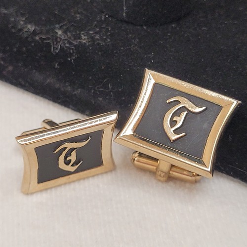Vintage Hickok Men's Cufflinks Monogram T Gold Tone with Black Enamel ...