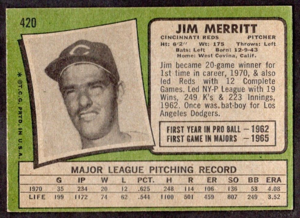 1971 Topps #420 Jim Merritt Cincinnati Reds VG-EX | eBay