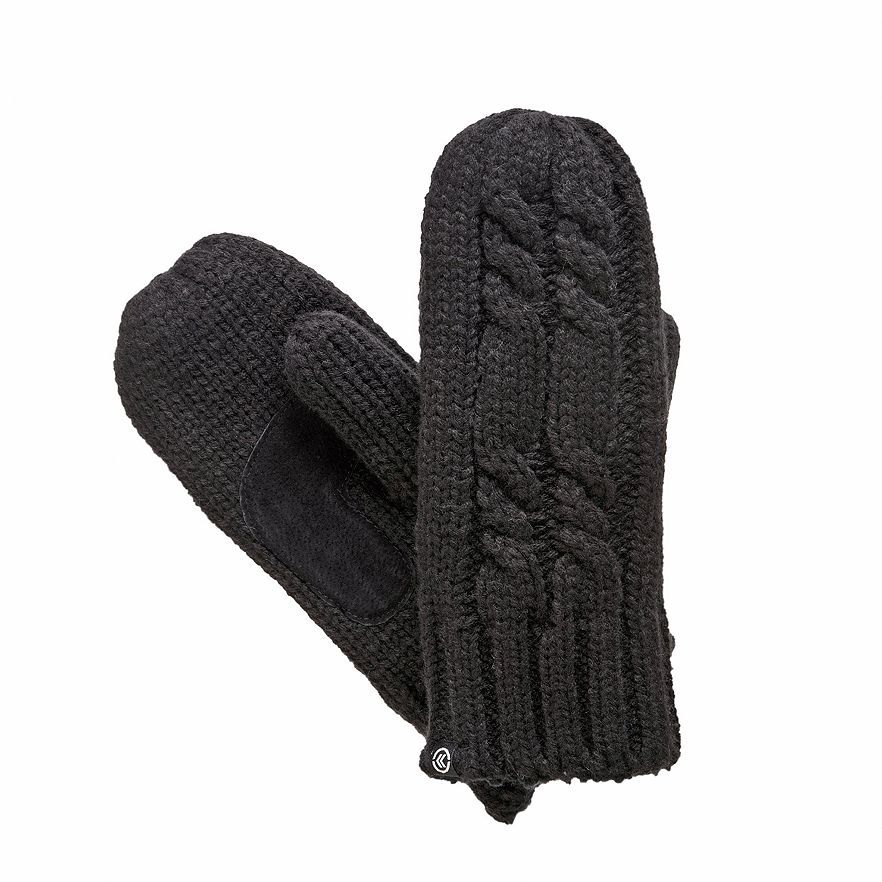 Isotoner Bulky Cable Knit Mittens Suede Palm Fleece lined Black / Gray ...