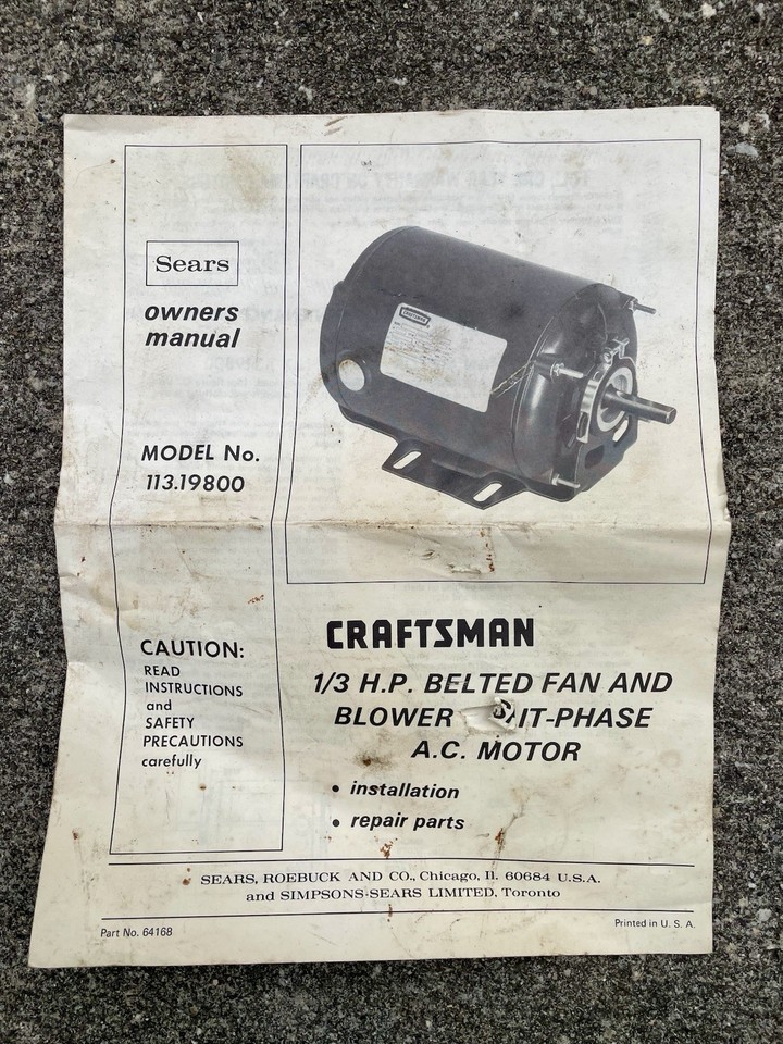 Sears Craftsman 1/3hp Belted Fan & Blower Split Phase AC Motor 113. ...