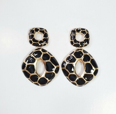 E0433 Gold Black Colored Metal Double Round Edge Rhombus Drop Dangle ...