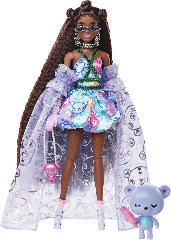 Barbie Extra Fancy Doll in Teddy-Print Gown eddy Bear Pet, Extra-Long ...