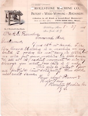1884 ROLLSTONE MACHINE CO WOOD WORKING SAW PLANER FITCHBURG TOWNSEND MA ...