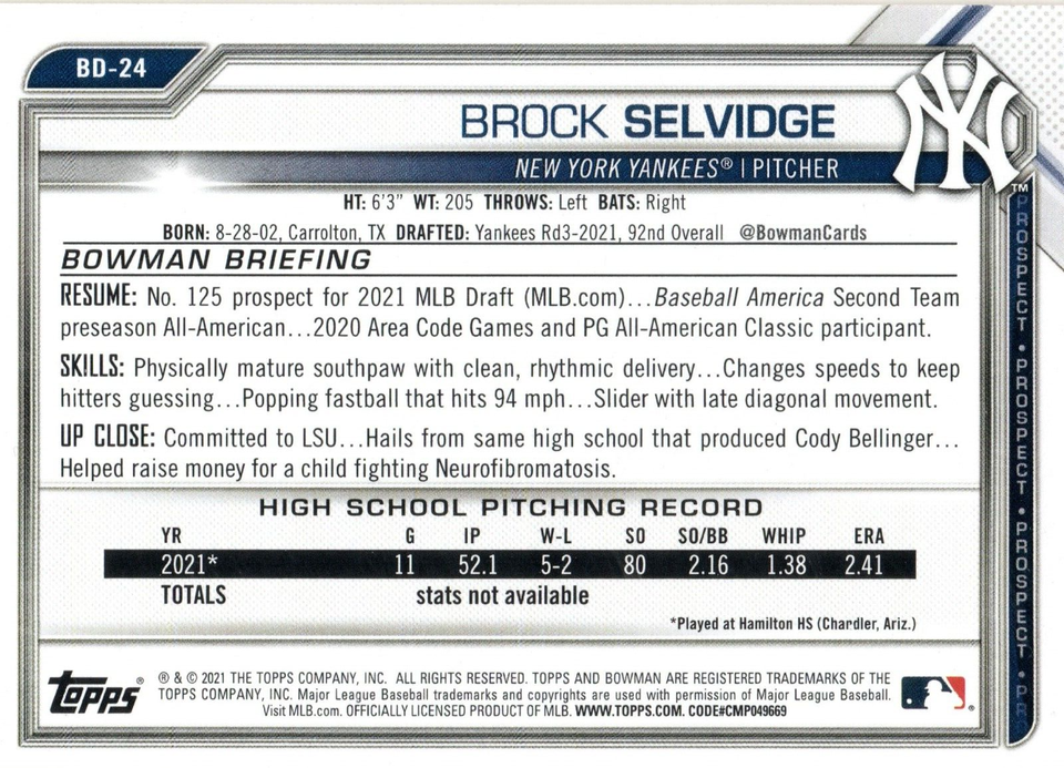Brock Selvidge New York Yankees 2021 Bowman Draft 1st Bowman Card | eBay