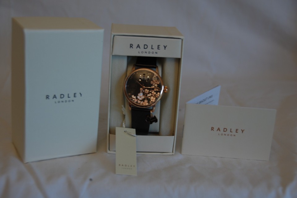RADLEY LONDON. BOTANICAL FLORAL WATCH WITH BLACK FACE RADLEY DOG CHARM ...