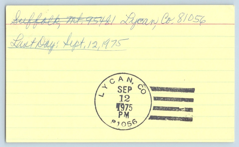 Lycan Colorado CO Baca Co Last Day 1975 4 Bar Cancel DPO 1913-1975 ...