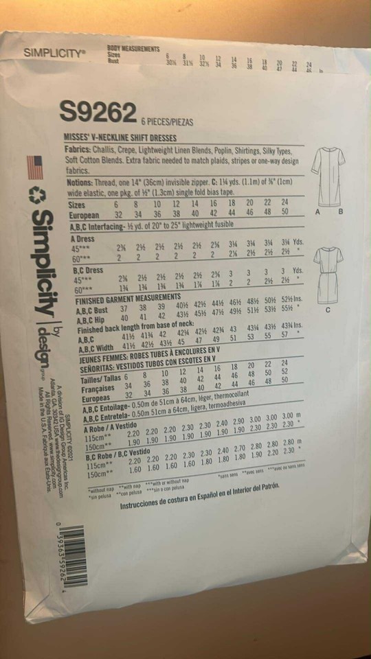 Simplicity 9262 Shift Dress V Neck Pullover Short Sleeves Misses Sz 6 ...