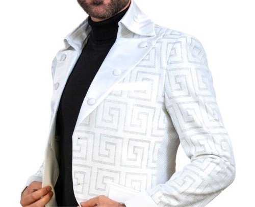 Mens White Silver Glitter Greek Key High Collar Fashion Jacket LOUIS ...