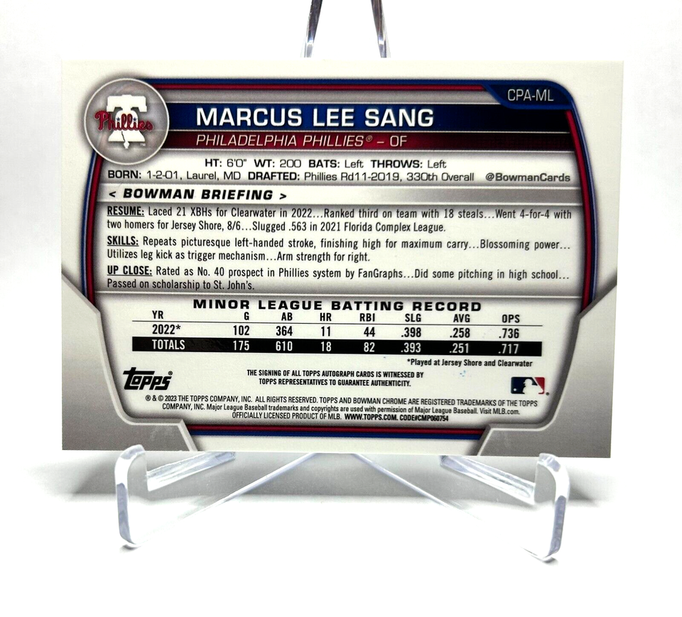 2023 1st Bowman Chrome MARCUS LEE SANG Auto CPA-ML Philadelphia ...