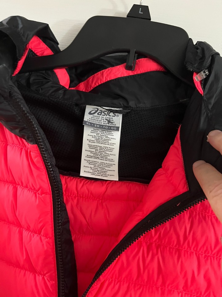 Asics winter running thermal puffer down jacket hoodie xl red black ...