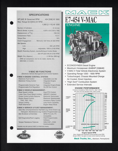MACK TRUCKS E7-454 V-MAC ENGINES SPECIFICATIONS BROCHURE 1996 | eBay
