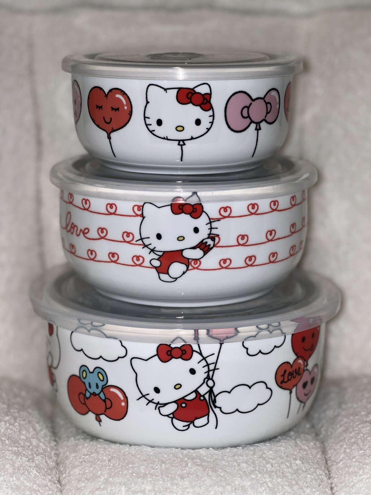 NEW SANRIO Hello Kitty 3 Pc Valentine Ceramic Time Release Tupperware ...