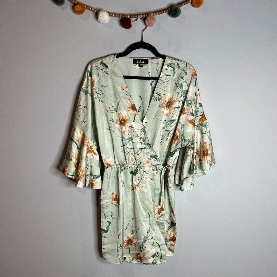 Lulus Give Me Love Sage Green Floral Print Satin Wrap Mini Dress | eBay