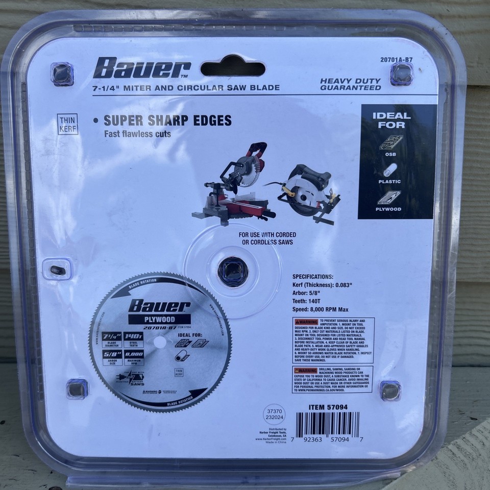 Bauer 7-1/4" Miter & Circular Saw Blade -140T, Thin Kerf, 5/8" Arbor ...