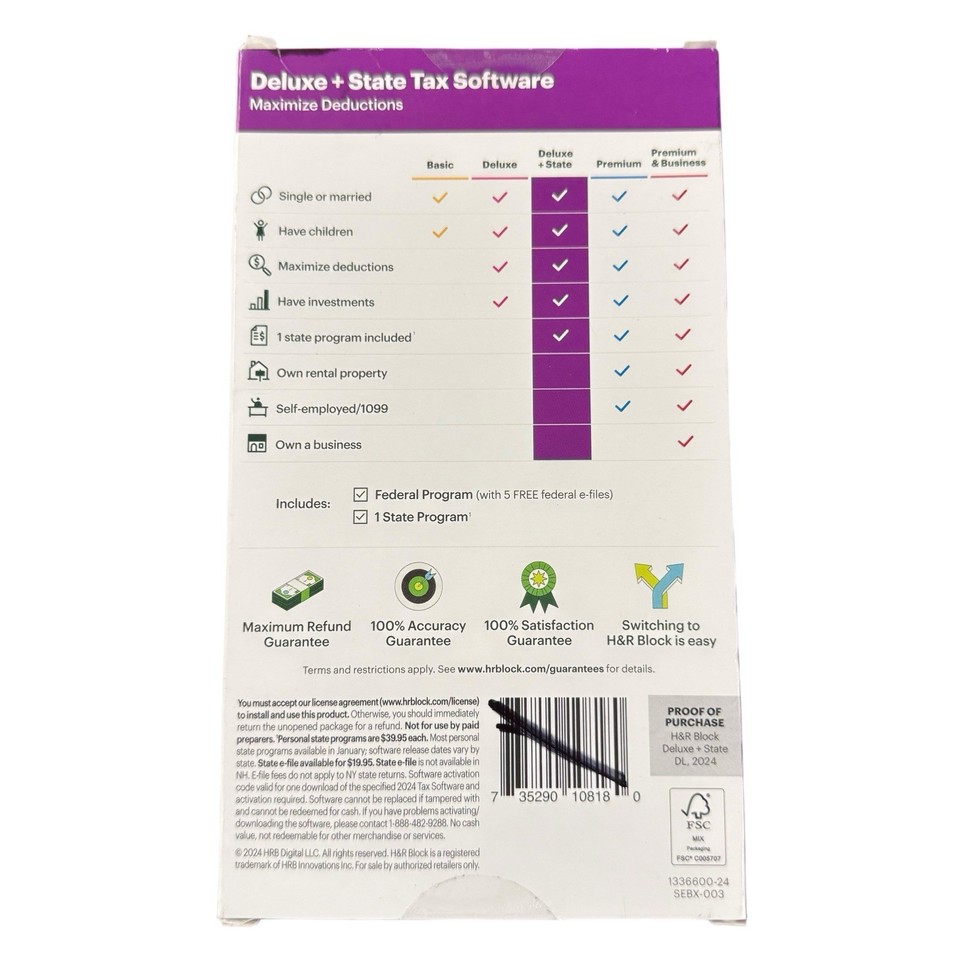 2024 NEW H&R Block Tax Software Deluxe + State 2024 PC/Mac Key Card DL/ No CD | eBay