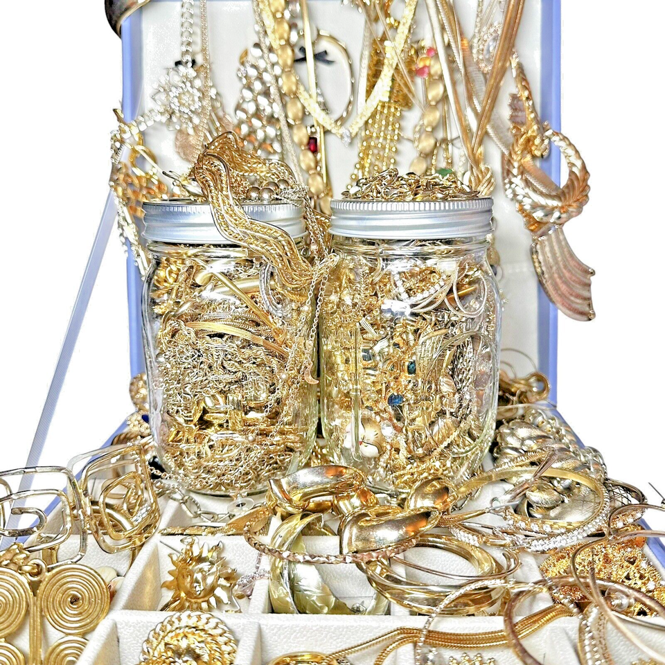 1.75 + Lbs 1 Full Ball Mason Jar All GOLD Toned Jewelry Mystery Lot ...