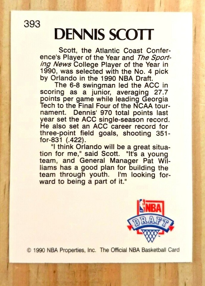 1990-91 NBA HOOPS DENNIS SCOTT ROOKIE DRAFT CARD #391 NM-MT ORLANDO ...