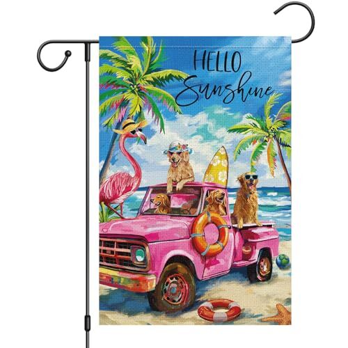 Hello Sunshine Flamingo Garden Flag Golden Retriever Dogs Flag 12x18 | eBay