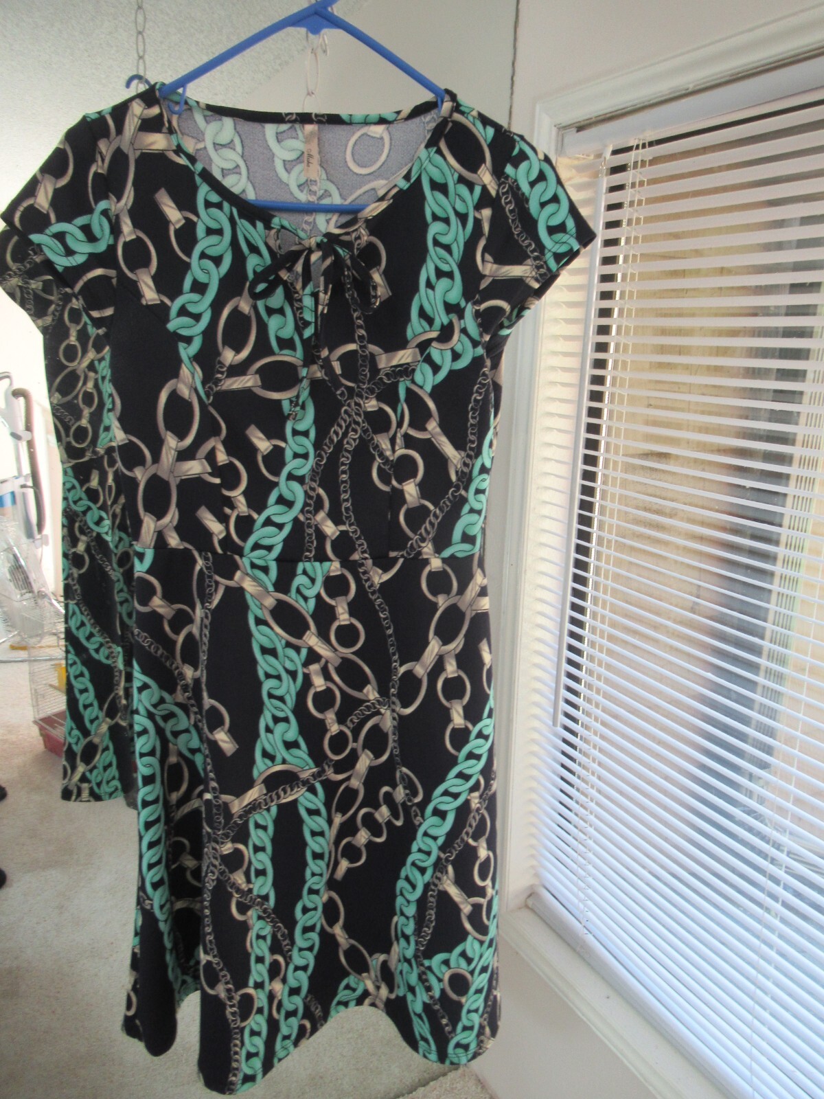 MISHA Designer Logo Green Chains Pattern Dress Small - Gem