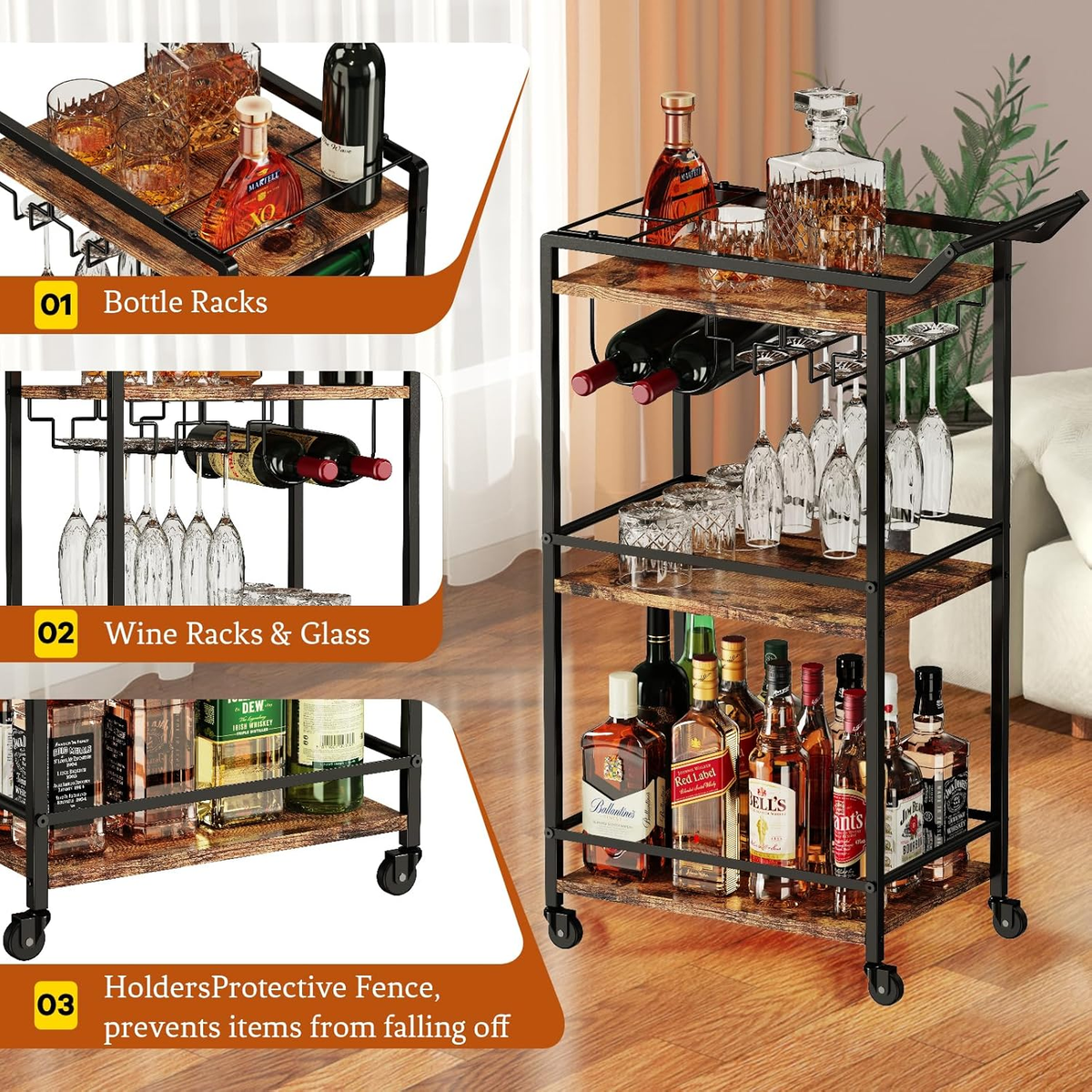3 Tier Bar Cart, Mini Liquor Utility Cart For Wine Beverage Dinner ...