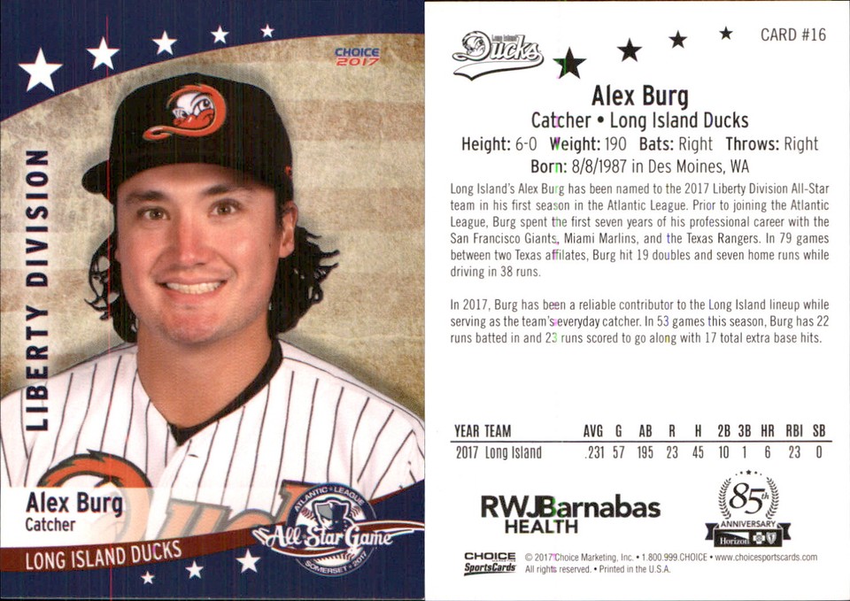 Alex Burg 2017 Choice Atlantic League All-Stars #16 RC FREE SHIP ...