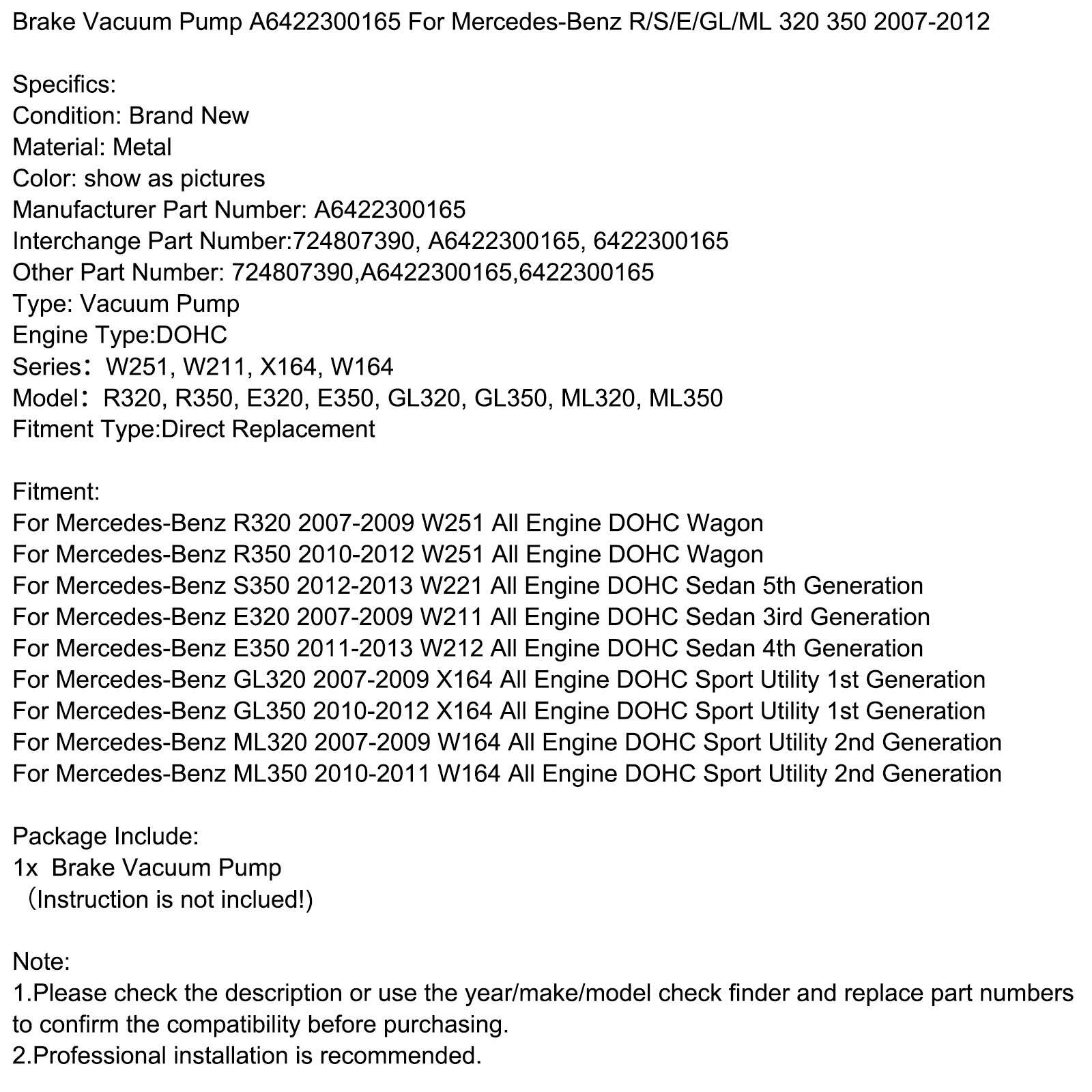 Brake Vacuum Pump A6422300165 For Mercedes-Benz R/S/E/GL/ML 320 350 ...