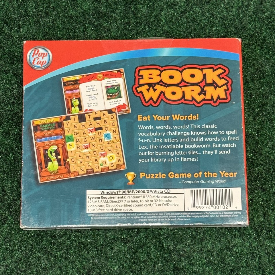 Book Worm PC CD-ROM (2002, PopCap Games) Word Puzzle Games Windows/ME ...