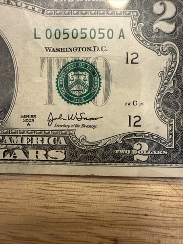 Fancy Serial Number Two Dollar Note. Binary Repeater. L00505050A. 2003A ...