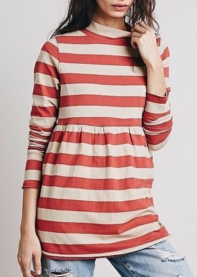 Free People F253U943 Cayenne Orange/Beige Stripe Mock Neck Tunic Top ...