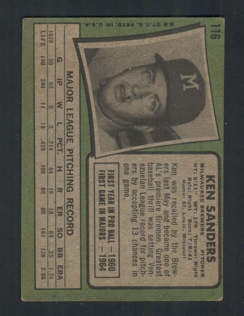 1971 Topps #116 Ken Sanders G-GVG Brewers 92803 | eBay